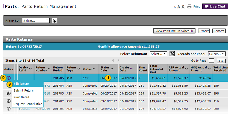 Parts: Access the Edit Parts Return Page