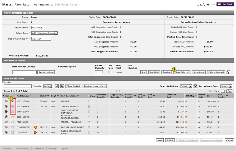 Show Selected Parts on a Parts Return