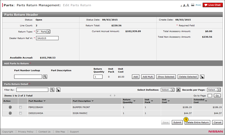Parts: Delete a Parts Return from the Create or Edit Parts Return Page