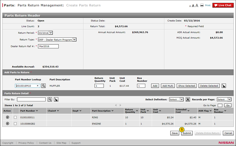 Parts: Submit a Parts Return from the Create or Edit Parts Return Page