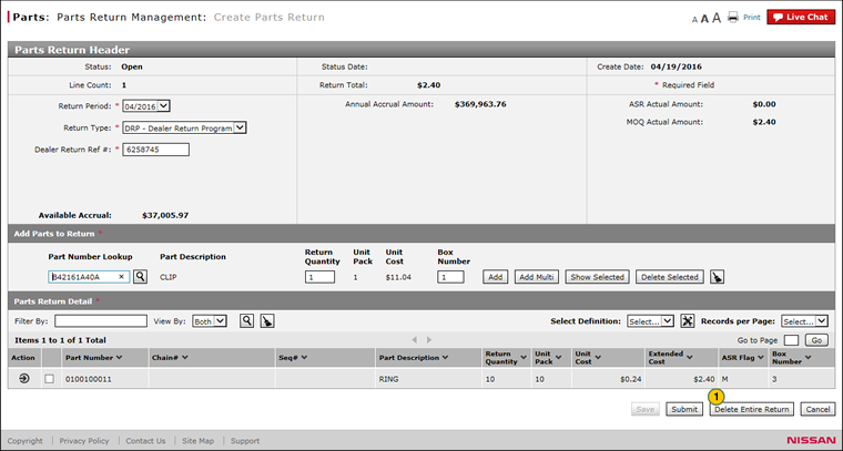 Parts: Delete a Parts Return from the Create or Edit Parts Return Page