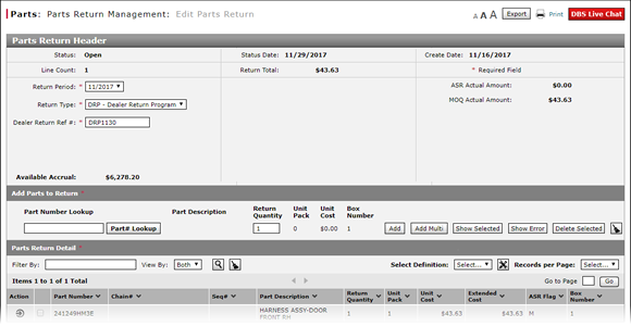 Parts: Delete a Parts Return from the Create or Edit Parts Return Page